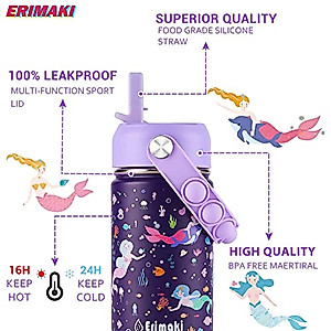 Erimaki 14 Oz Kids Mermaid Purple Water Bottle With Straw Lid And Fidget Handle, Double Walled Vacuum Insulated Tumbler, Cute Stainless Steel Metal Bottles Gift For Girl Child Sport School Travel Bulk