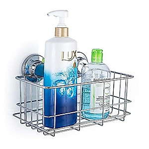 SANNO Suction Cup Shower Caddy Bath Wall Shelf, Deep Bathroom Basket Wall Shelf Double Suction Hooks