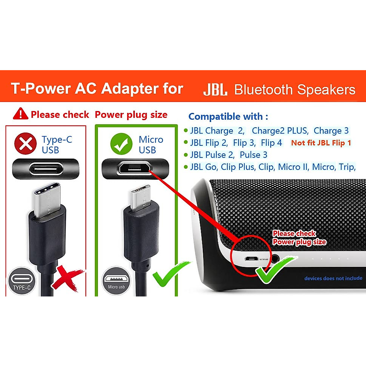 T-Power AC Adapter Charger for JBL Charge 3, Charge 2, Flip 4, Flip 3, Flip 2, Pulse 3, Pulse 2, Pulse, GO, Clip Plus, Clip, Micro II, Micro, Trip Portable Bluetooth Speaker Power Supply Cord Cable