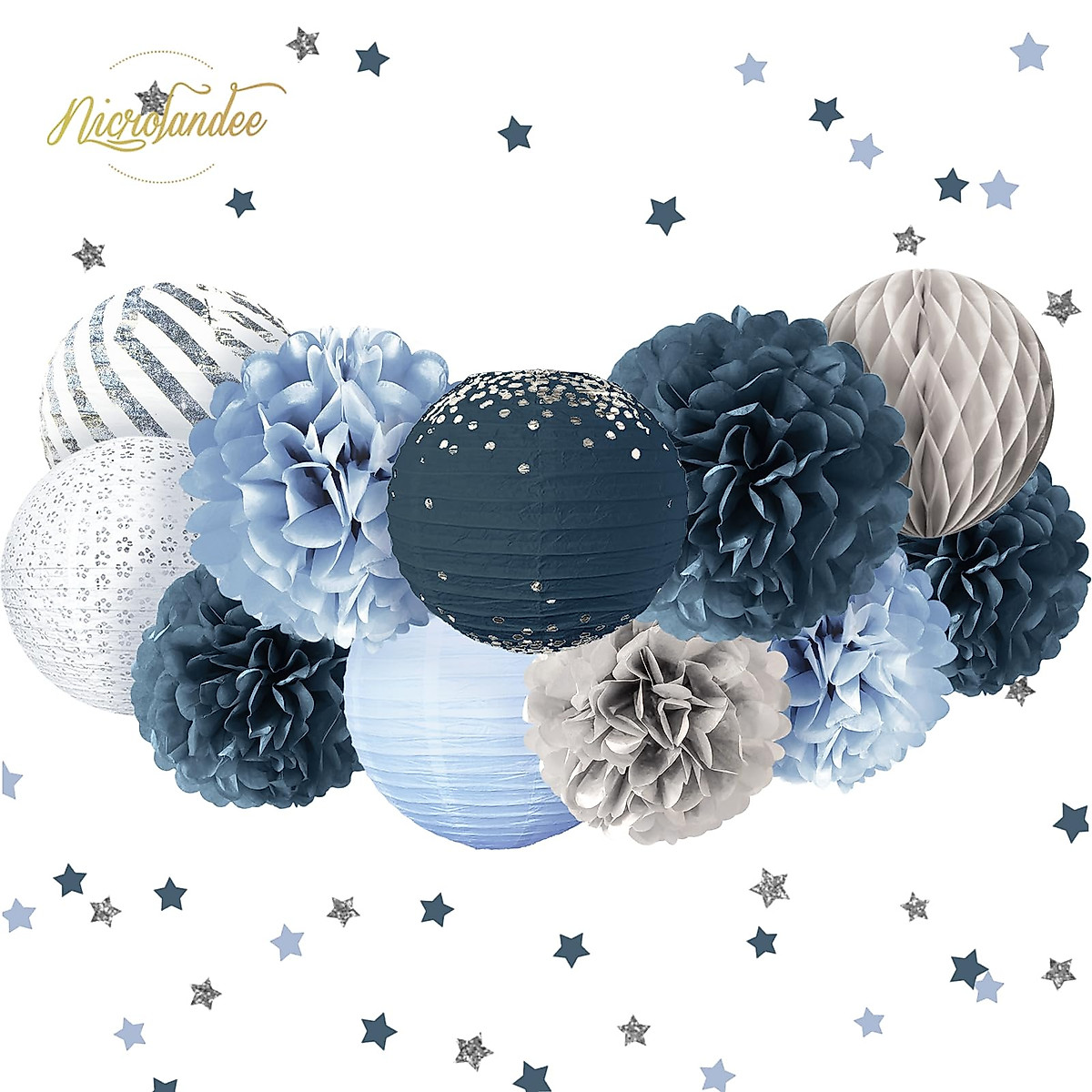 NICROLANDEE Wedding Party Decorations - 12PCS Dusty Blue Tissue Pom Poms Paper Lantern 50G Glitter Confetti Party Supplies for Romantic Wedding, Bridal Shower, Baby Shower, Birthday, Special Events