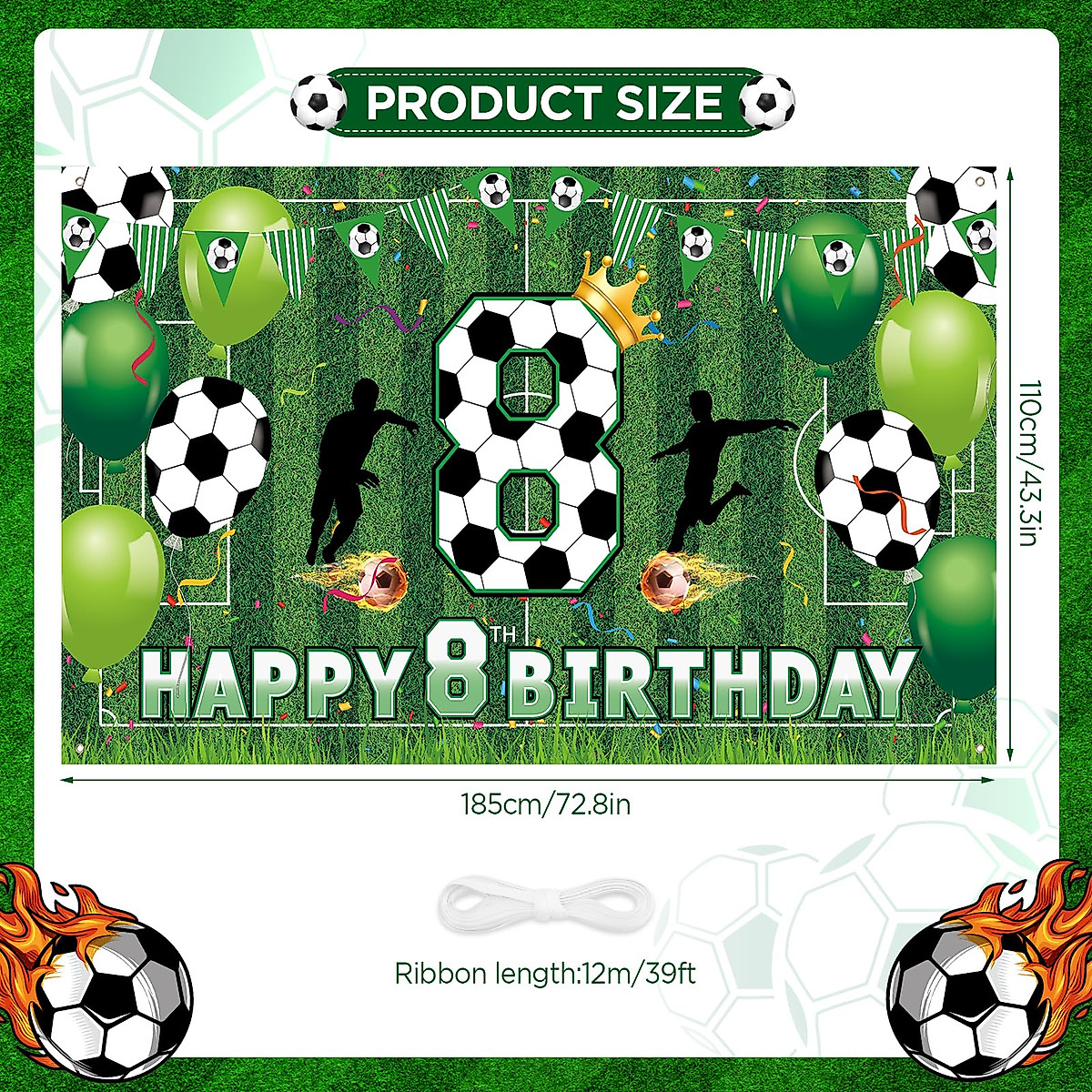 Soccer 8th Birthday Party Decorations Soccer Happy 8th Birthday Banner for Boys Kids Teens Large Sport Themed Birthday Banner for Soccer Football 8th Birthday Anniversary Party Supplies