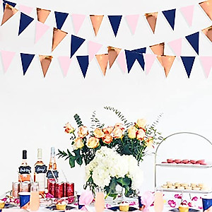 30 Ft Navy Blue Pink Rose Gold Party Decorations Royal Blue Blush Hanging Paper Triangle Flag Pennant Banner Bunting for Bachelorette Engagement Wedding Birthday Gender Reveal Baby Shower Anniversary