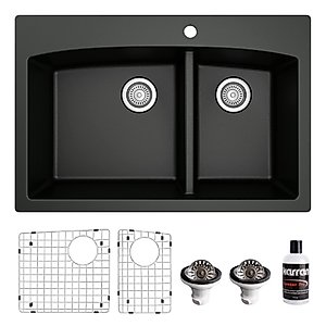 Karran QT-711 Drop-In Quartz Composite 33 in. 1-Hole 60/40 Double Bowl Kitchen Sink Kit in Black
