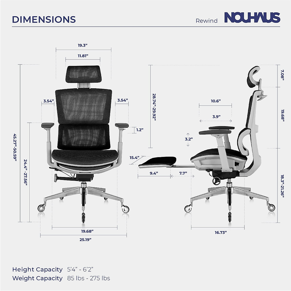 Nouhaus Rewind Ergonomic Office Chair with Footrest and Lumbar Support. Swivel Computer Chair, Rolling Home Office Desk Chairs with Wheels, Mesh High Back Task Chair, Comfortable Office Chair (Navy)