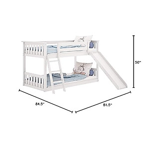 Max & Lily Solid Wood Twin Low Bunk Bed with Slide, White & Cotton Underbed Curtains, Blue & White