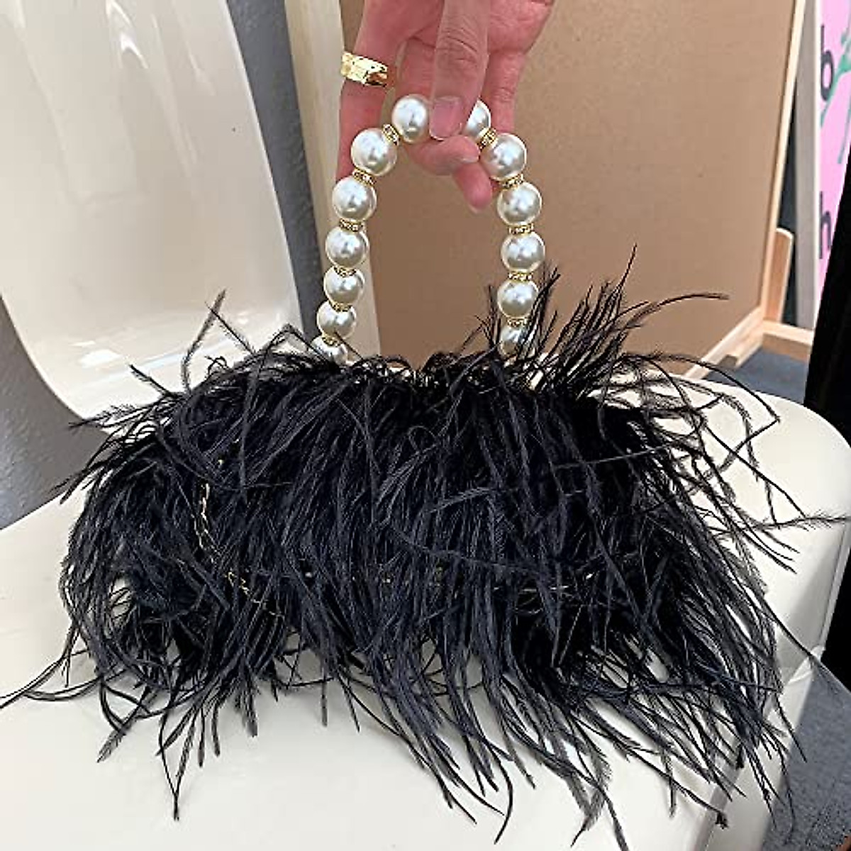 Women Real Natural Ostrich Feather Evening Bags Purses Clutch Vintage Banquet Handbag (black)