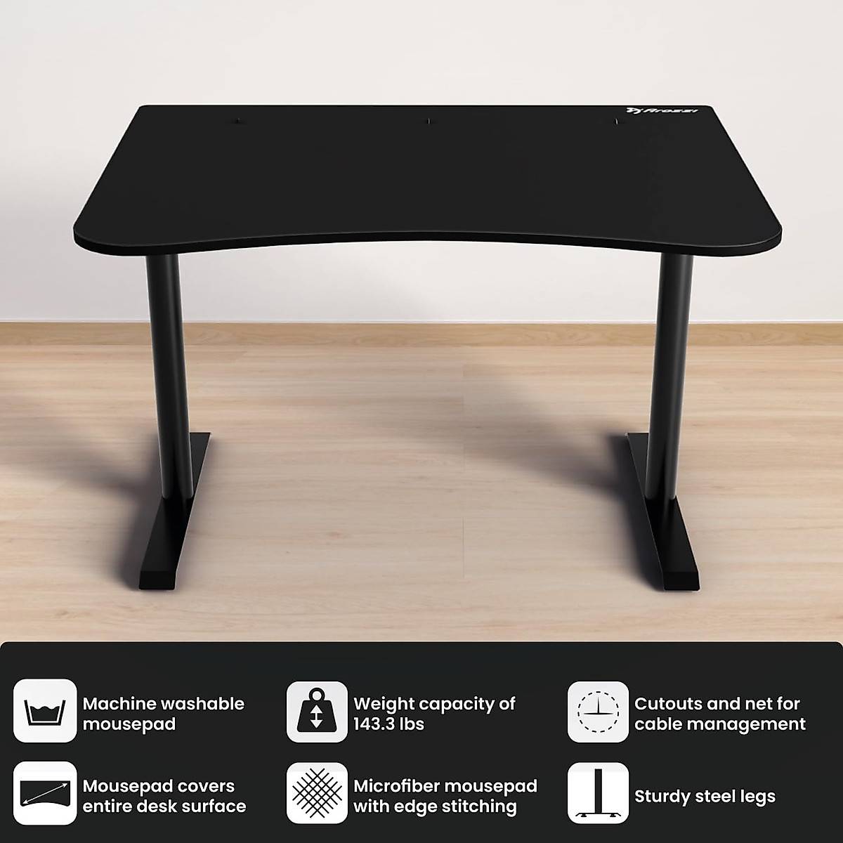 Arozzi Arena Fratello Curved Gaming and Office Desk with Full Surface Water Resistant Desk Mat Custom Monitor Mount Cable Management Cut Outs Under The Desk Cable Management Netting - Pure Black