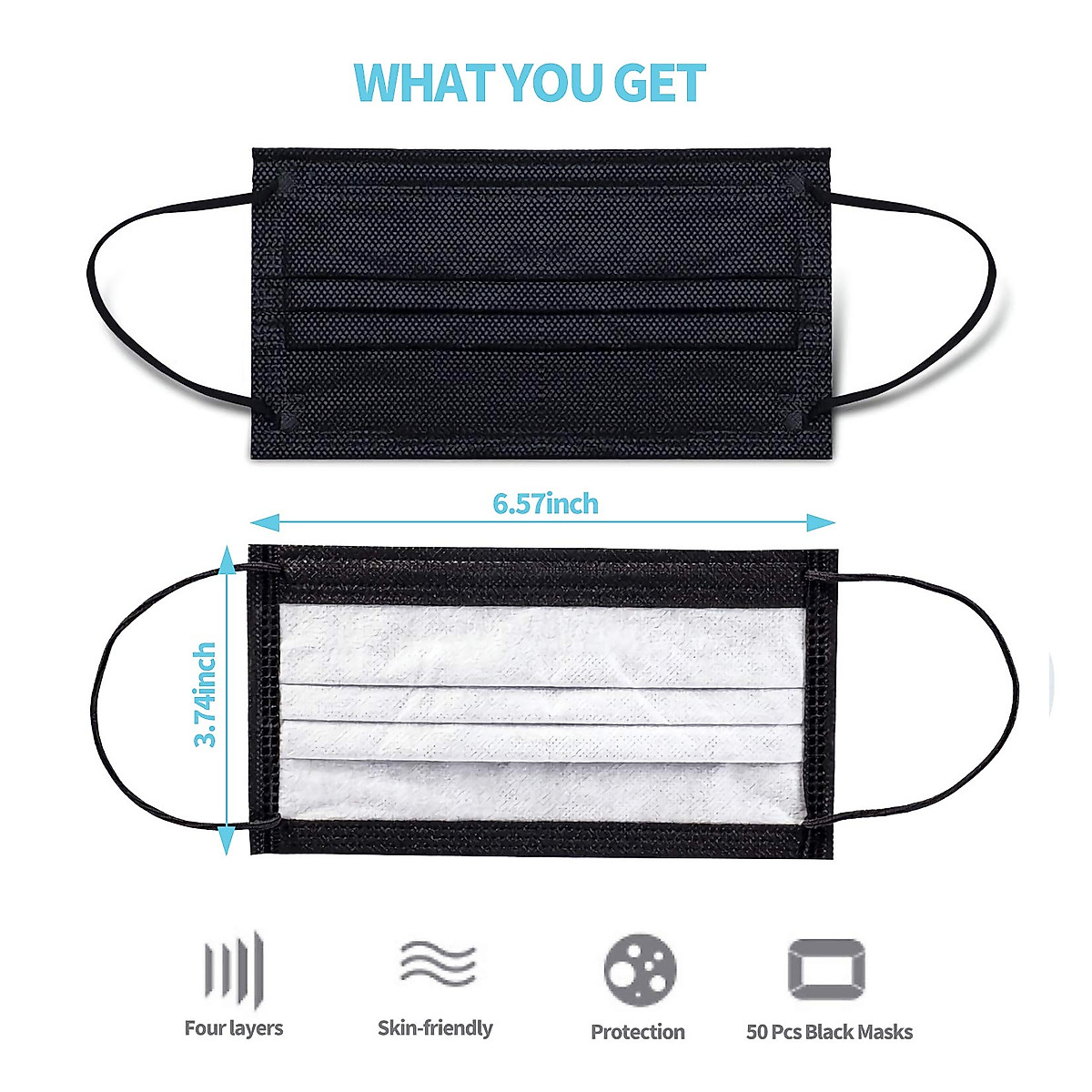 Black Disposable Face Masks 4 Layers Protection 50Pcs, Breathable Dust Mask Mouth Covers for Adult