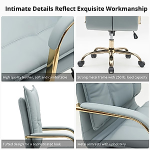 DRKAT Leather Home Office Desk Chairs Comfy Office Chair, Mid-Back Adjustable Swivel Computer Chair with Golden Legs and Arms, Modern Upholstered Task Chair with Wheels, Sage