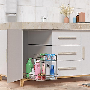 Pull Out Cabinet Organizer, 2 Tier Under Sink Organizers and Storage, Multi Purpose Sliding Cabinet Basket Organizer for Bathroom Kitchen Countertop Stainless Steel Shelf Holder 11.4Wx17.1Dx12.2H-Inch