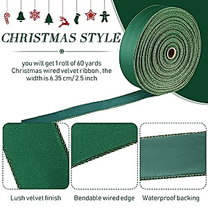 Syhood Christmas Wired Velvet Ribbon with Gold Edge Waterproof Velvet Decoration Ribbon Wrapping for Xmas Wreath Bows Floral Craft Ornaments(2.5 Inch X 60 Yard,Green)