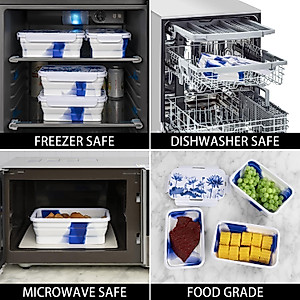 Annaklin Collapsible Food Storage Containers with Lids in Blue and White Porcelain China Style, 48oz, 4 Pack, Stackable Silicone Containers for Food Lunch, Microwave Freezer Dishwasher Safe, White
