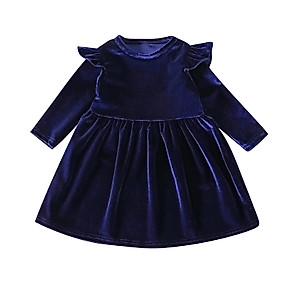 Toddler Baby Girls Velvet Tutu Dress Ruffle Long Sleeve Princess Pageant Christmas Party Wedding Dresses Fall Winter Clothes Infant Kids Birthday Holiday Playwear Dresses Outfit Navy Blue 3-4 Years