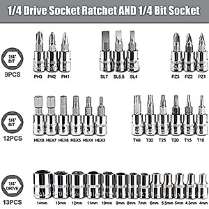 Sutlumisi 46Pcs Drive Socket Ratchet Wrench Set, 1/4 inch Metric Hex Socket Set & Bit Socket Set & Extension Bars, Car Tools Kit for Automotive Repair & Household