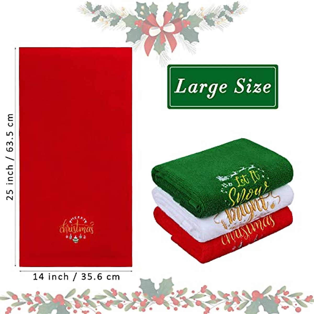 Shojoy 3 Pack Christmas Hand Towels 100% Cotton Large Size 25 x 14 Inch Christmas Theme Embroidery Towels for Christmas Home Bathroom Kitchen Decor (Red, Green, White)