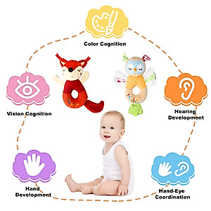 Funsland Baby Rattles Toys Soft Plush Hand Rattles Hand Grip Toys Stuffed Animal Rattles Shaker for 3 6 9 12 Months Infants Newborn 2 Pack