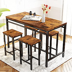 Lamerge Dining Bar Table Set for 4, Modern Counter Height Table and 4 Bar Stools, 5 Piece Bar Table and Chairs Set for Small Spaces, Apartment, Pub, Dining Room, Kitchen (Rustic Brown)