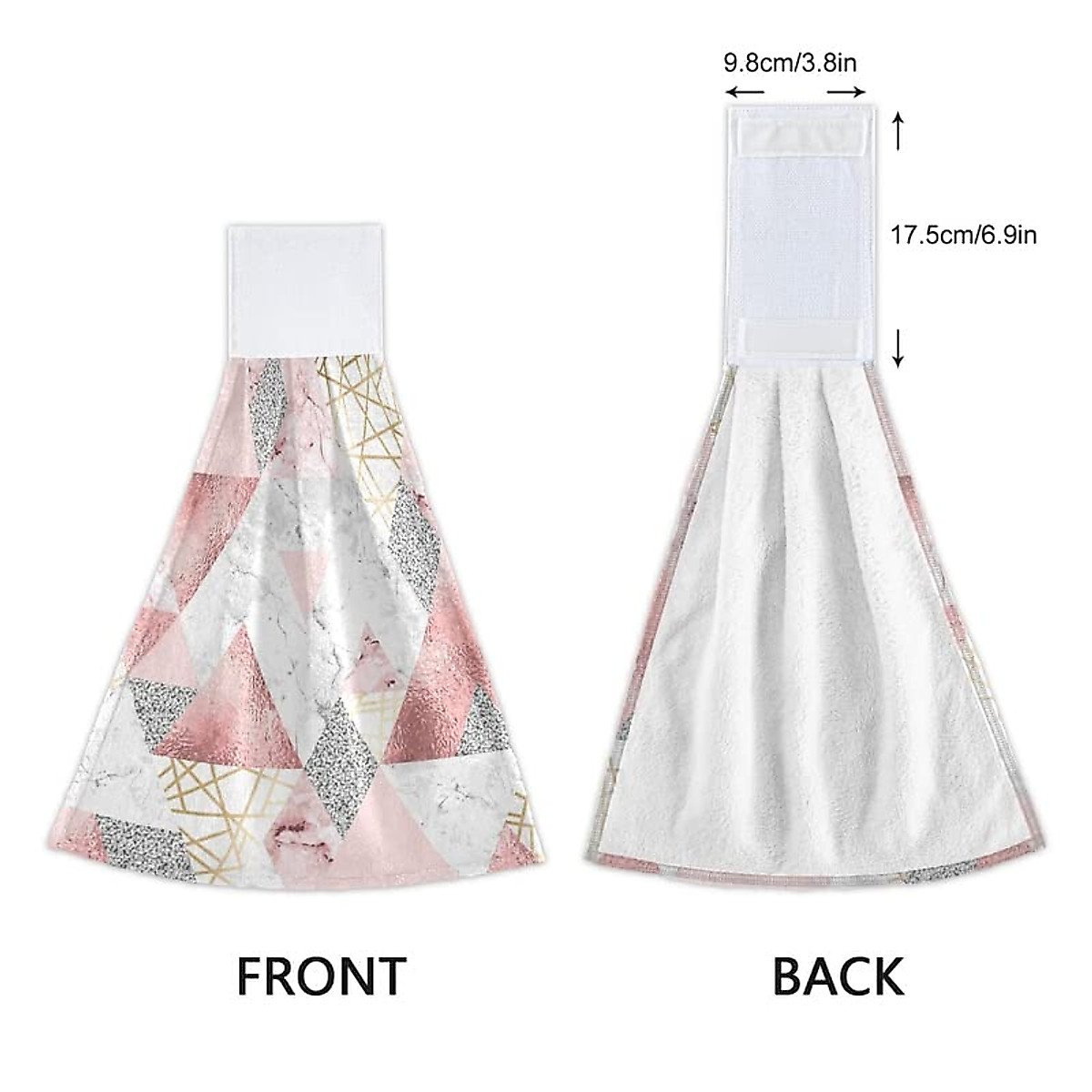 Pink Marble Triangles Kitchen Towels with Hanging Loops 2 Pack, Modern Polygon Abstract Hand Towels for Bathroom Absorbent Coral Velvet Soft Tie Dish Towels Sets