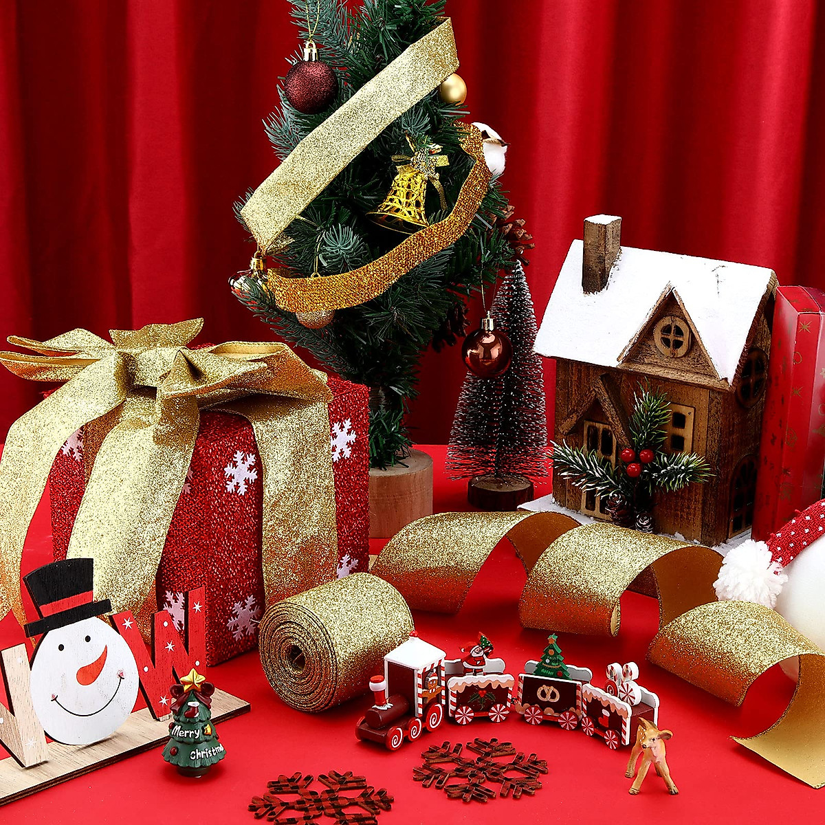 2 Rolls 20 Yards Christmas Ribbon Metallic Glitter Ribbon Wired Edge Decorative Fabric Ribbons for Party Wrapping Home Decorations Wedding Birthday DIY Crafts 2.5 Inch (Gold)