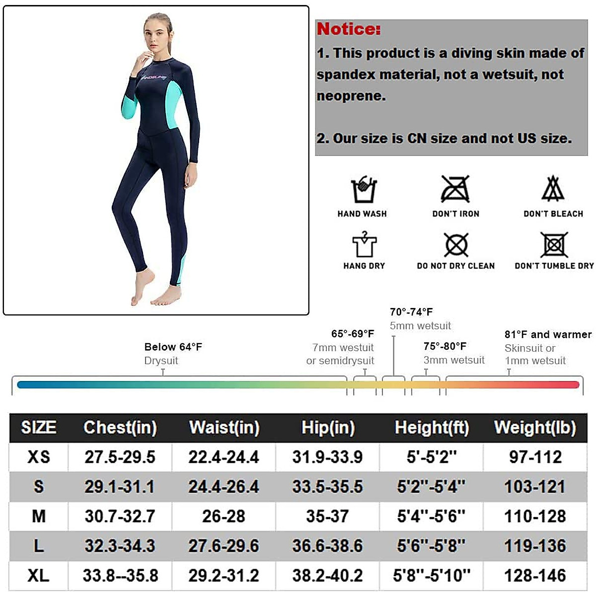 Dive Skins Full Body Swimsuit Wetsuit Scuba Rash Guard Diving Suit for Women Men Adult, Long Sleeve Swimwear One Piece UV Protection Quick Dry Sunsuit for Surfing Snorkeling Kayaking (Blue, XL)