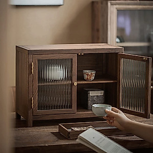 ZYR Desktop Storage Cabinet with Glass Door Sideboard Black Walnut Wood Small Cupboard Home Decoration Cabinet Storage Cabinet Kitchen Bathroom Countertop Cabinet Double Layer