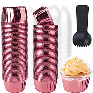 GothaBach 100 Sets 3.5oz Cupcake Liners with Dome Lids,Foil Baking Cups,Disposable Muffin Tin Cupcake Wrappers (Rose gold)
