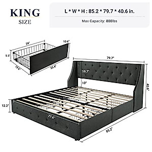 Allewie King Size Bed Frame with 4 Storage Drawers and Wingback Headboard, Button Tufted Design, No Box Spring Needed, Dark Grey
