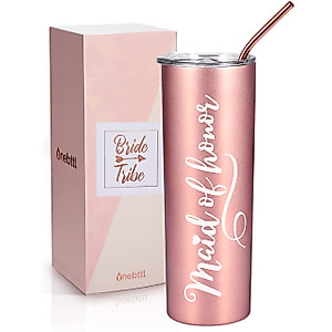 Onebttl Bridesmaid Gifts, Insulated Stainless Steel Tumblers with Lids and Straws, Maid of Honor Proposal Gifts, Bride Tribe, Bridal Party Gifts, 20 oz, Rose gold - Maid of Honor