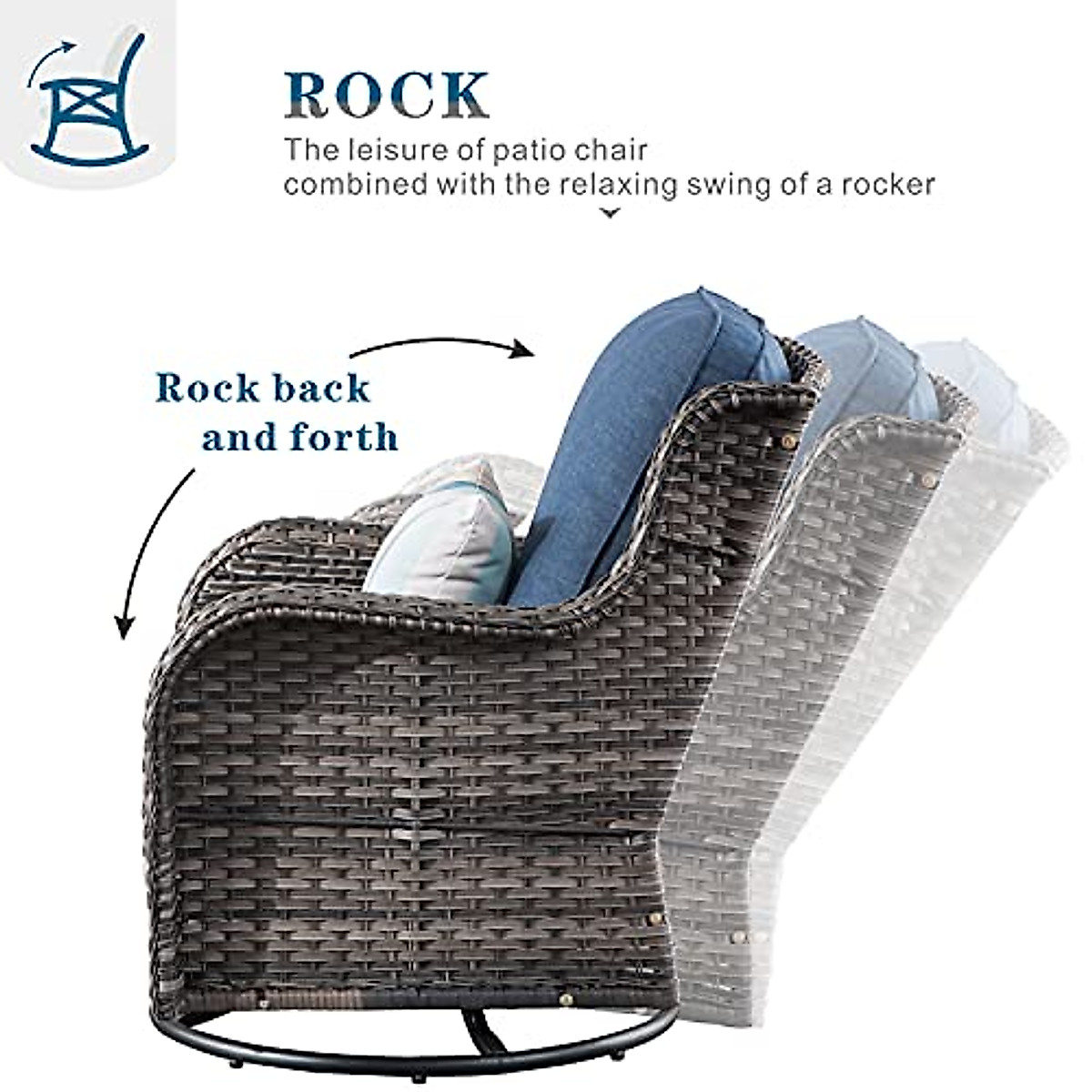 XIZZI Patio Furniture Outdoor Furniture All Weather Wicker 6 PCS Patio Sofa with High Back Swivel Rocking Chairs and Ottomans,Swivel Chairs Grey Rattan Denim Blue