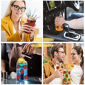 Lvoetgif Strawberry Iced Coffee Glasses Cup with Bamboo Lids, Cute Lovely Strawberry Pattern Drinking Can Shaped Cup, Aesthetic Birthday Gifts for Strawberry Lovers Women Mom Best Friend Daughter