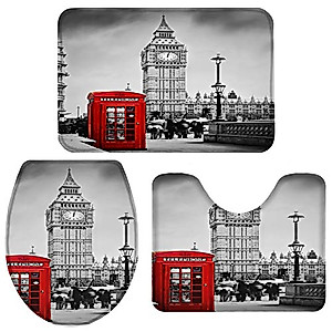 Women Trend 3 Piece Bath Rugs Set Non-Slip Bathroom Mats Absorbent Contour Soft Mat Toilet Lid Cover Bathroom Decor Set- Big Ben and Red Phone Booth in London 18"x30"+14"x18"+15"x18"