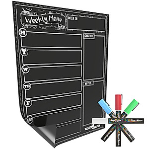 Magnetic Dry Erase Menu Board for Fridge Includes 4 Liquid Chalk Markers - Weekly Meal Planner Blackboard, Grocery List and Notepad for Kitchen Refrigerator - Chalkboard Magnet