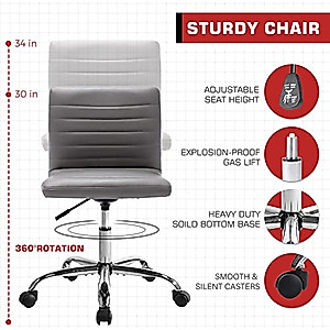HOMEFLA PU Leather Office Armless-Computer Swivel Rolling Task Home Low Back Makeup Ribbed Desk Chair with Wheels for Bedroom Conference Reception Room (Grey, Retro)