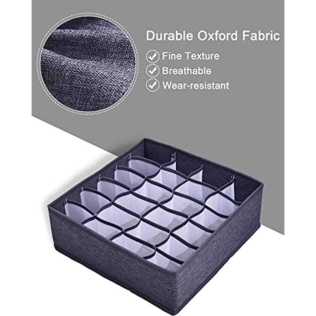 ULG 2 Pack Sock Drawer Organizer, Machine Washable Oxford Cloth, 48 Cell Fabric Cabinet Closet Organizer and Storage, Underwear Drawer Organizer Divider for Storing Socks, Underwear, Ties, Dark Grey