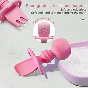 Silikong Silicone Utensils, Baby Fork and Spoon Set, Training Utensils, Baby Led Weaning Stage 1 for Ages 6 Months (Pink)