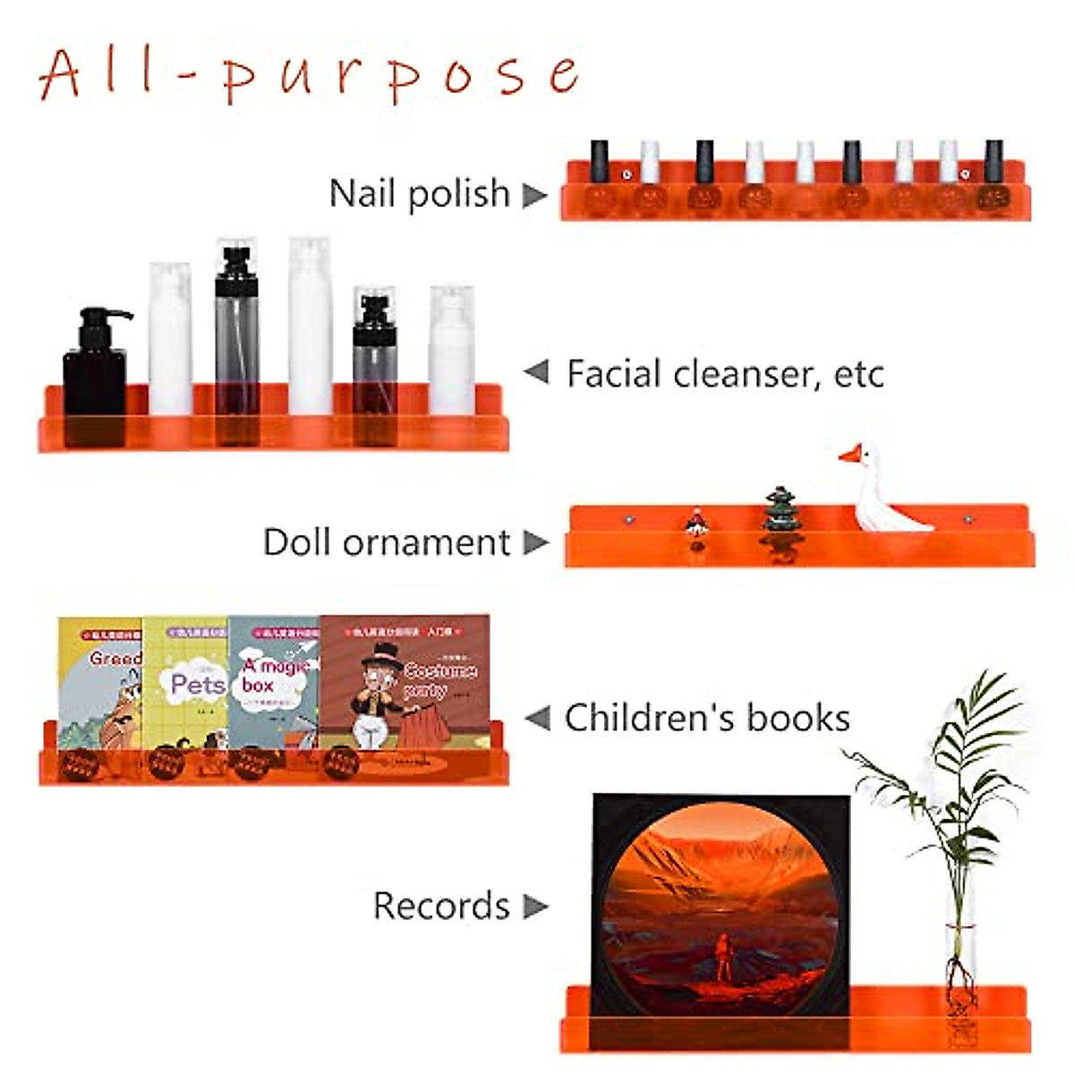 MITIME 8 Pack 15 Inch Acrylic Invisible Kids Floating Bookshelf for Kids Room,Clear Acrylic Picture Ledge Vinyl Record Display Shelf Nail Polish Holder with. (8, Clear Red)