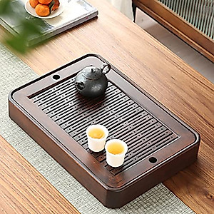 Tea Tray, with Non‑Slip Pads, Bamboo Rectangular Serving Draining Board, Tea Serving Tray with Drip Plate, for Home Hotel Tea Room, Tea Accessory