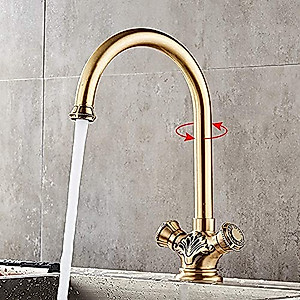Retro Kitchen Vanity Sink Tap Deck Mounted Antique Brass Double Hot and Cold Water Single Spout Faucet