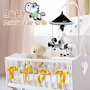 Neutral Baby Mobile,White Horse Musical Baby Crib Mobile,Baby Mobile for Crib,Crib Toys with Music,Handmade Nursery Mobile for Baby Room Decor（Black-White Horse）