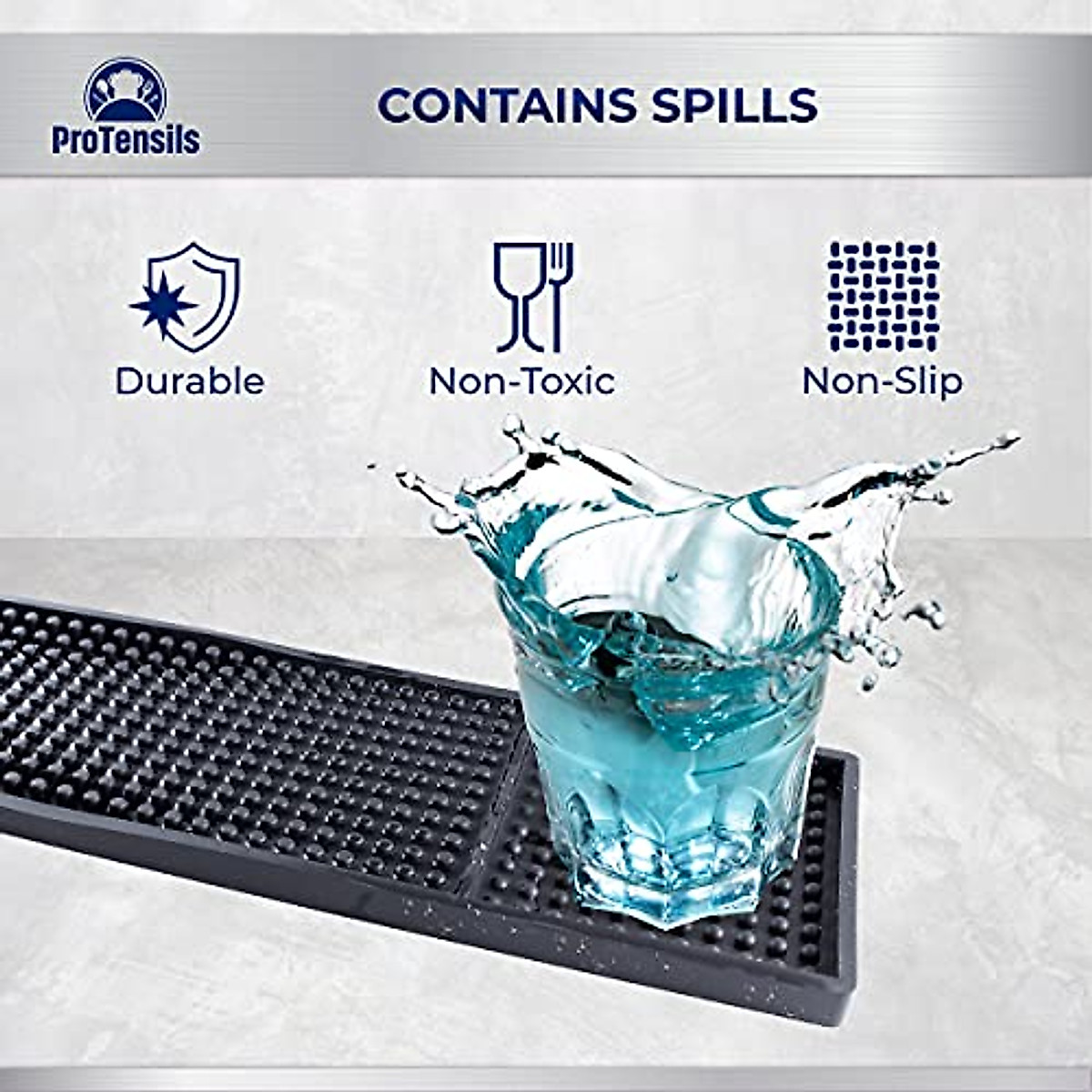 ProTensils Rail Bar Mat 23" x 3.25" Black Rubber Bar Mats, Bar Service Spill Mats for Counter-Top (2 Pack)