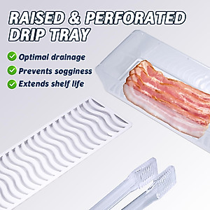 Caylielam 2-Pack Bacon Keeper Containers for Refrigerator, Airtight Fridge Meat Food Storage Boxes with Lids and Tongs, Clear and Reusable Plastic Fruit Cheese Eggs Serving Holder, Microwave Safe