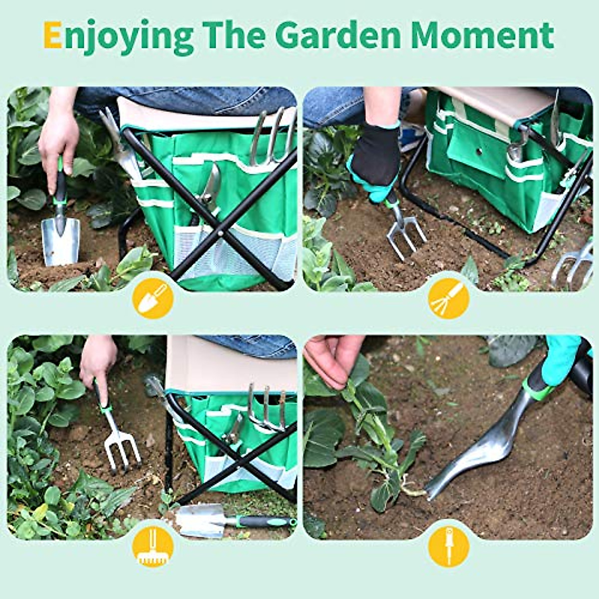 Yongkist 9 PCS All-in-one Garden Tools Set, Heavy Duty Cast-Aluminium Alloy Gardening Tools Kit with Folding Stool Seat&Detachable Canvas Tool Bag , Non-Slip Rubber Grip, Outdoor Hand Tools
