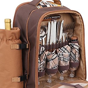 4 Person Blue Tartan Insulated Picnic Backpack Bag Set W/Cooler Section