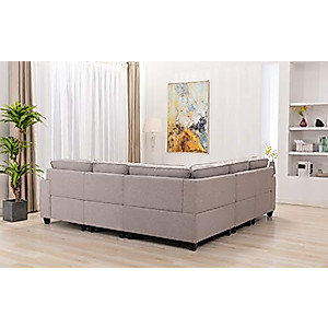 Legend Vansen Linen-Like Fabric Flexible Combination Loose Back Cushions Wooden Legs Modular Seating Component Ottoman Sectional, 124", Light Grey