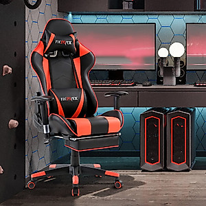 FICMAX Massage Gaming Chair Ergonomic Gamer Chair with Footrest Reclining Computer Gaming Chair Racing Style Home Office Chair High Back Gaming Desk Chair with Headrest and Lumbar Support(Black/Red)