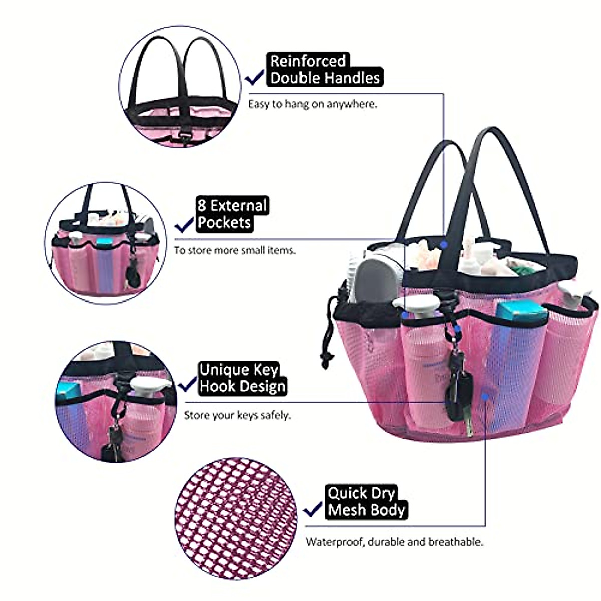 Moyad Large Mesh Shower Caddy Tote Large Tote Bag Beach Bag Hanging Travel Shower Caddy Portable Cleaning Caddy Shower Organizer Camping Accessories College Dorm Room Essentials for Girls Women, Pink