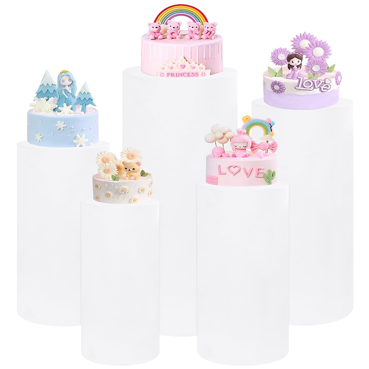 Spandex Cylinder Pedestal Stand Covers Set of 5 Stretchable Cylinder Plinth Covers Dessert Table Display Pillars Cover for Wedding Props Babyshower Birthday Party Event Decor (White)