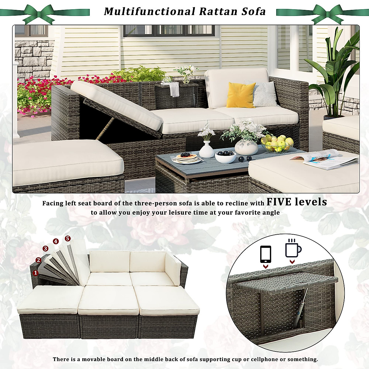 LUMISOL 5 Piece Patio Furniture Set, Outdoor Wicker Sofa Set with Adjustable Backrest, Cushions, Ottomans and Lift Top Coffee Table for Garden, Poolside, Backyard, Balcony, Beige