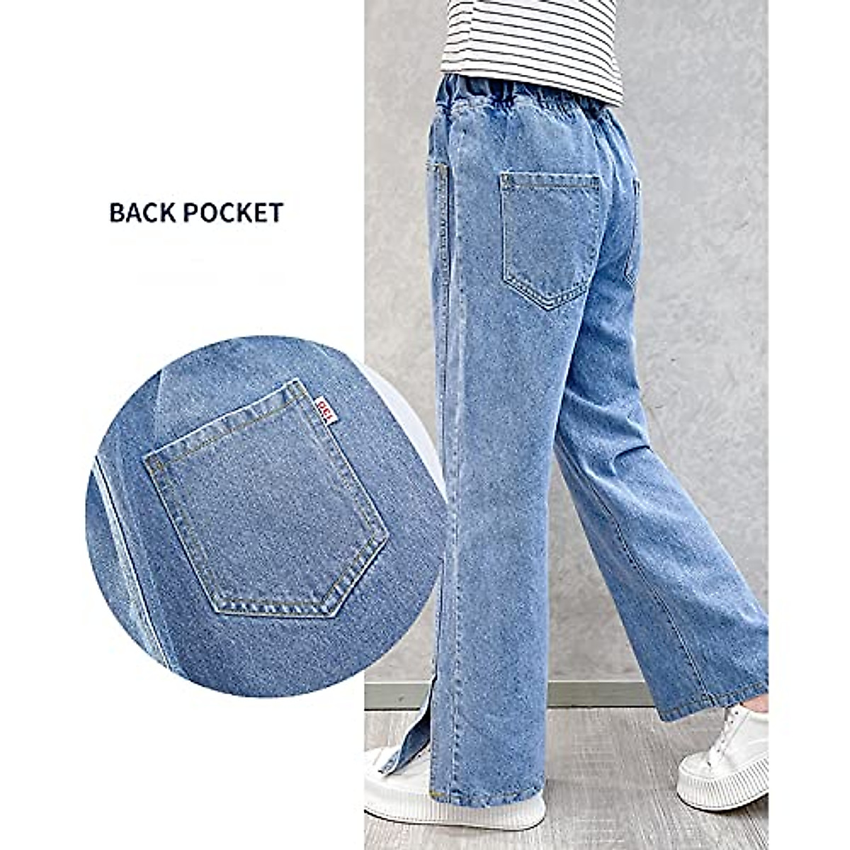 Girls Loose Distressed Jeans Wide Leg Stretch Denim Pants Baggy Straight Trousers (Blue Split, 10-12)