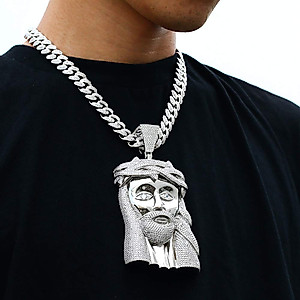 TUHE Oversize 3D Hip Hop Religious Jesus Head Pendant Necklace 18K Gold Plated AAA CZ Iced Out Chain Necklace for Men Women, Bling Bling Jewelry Charm Necklace with 24in Big Size Iced Out Cuban Chain…